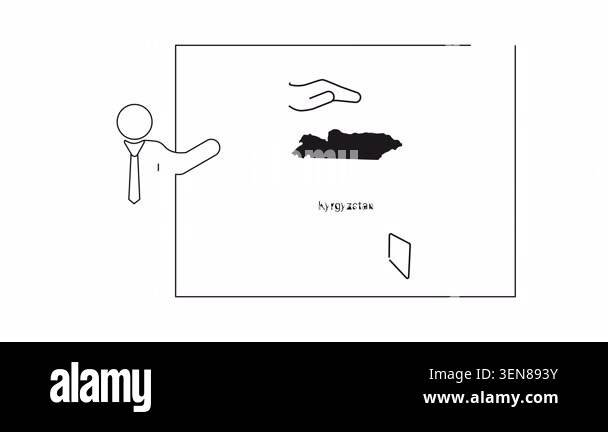 A simple line drawing shows a person presenting a map of Kyrgyzstan on ...