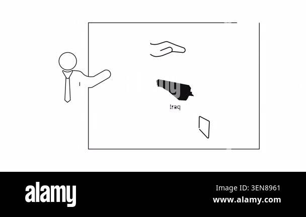 A simple line drawing shows a person presenting a map of Iraq on a ...