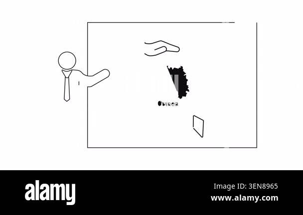 A simple line drawing shows a person pointing to a map of Guinea on a ...