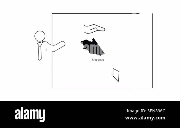 A simple line drawing shows a person presenting a map of Mongolia on a ...