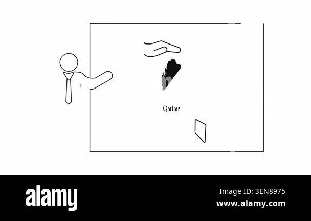 A simple line drawing shows a person presenting a map of Qatar on a ...