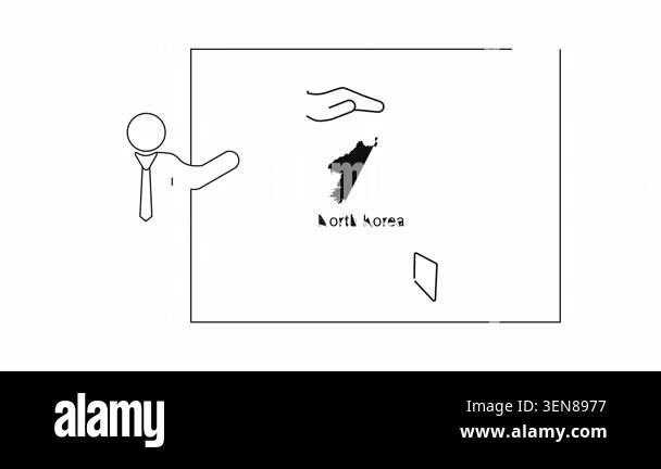 A simple line drawing shows a presenter pointing to a map of North ...