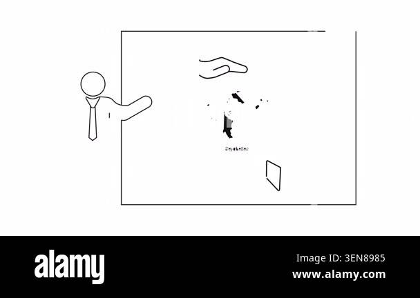 A simple line drawing shows a man pointing to a map of Seychelles ...
