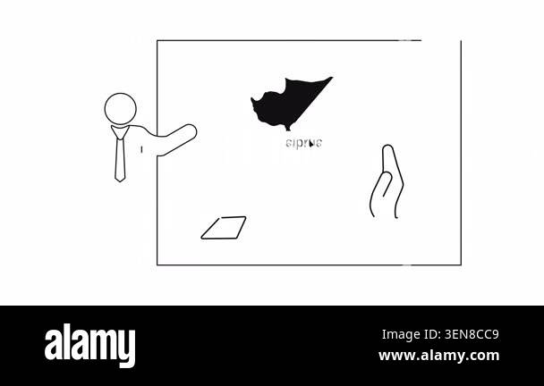 A simple line drawing of a man pointing to a map of Cyprus on a ...