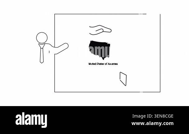 A simple line drawing shows a person presenting a map of the United ...