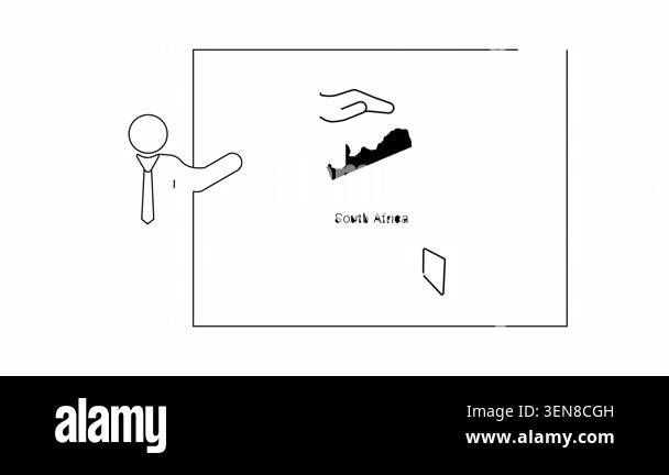 A simple line drawing shows a person presenting a map of South Africa ...
