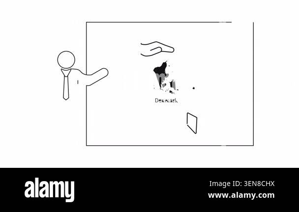 A simple line drawing of a person presenting a map of Denmark on a ...