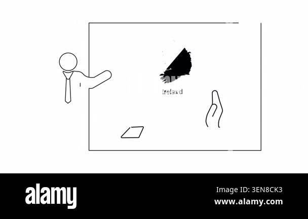 A simple line drawing of a man pointing to a map of Ireland on a screen ...