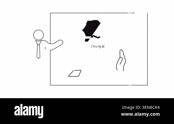 A simple line drawing of a man pointing to a map of Senegal on a ...