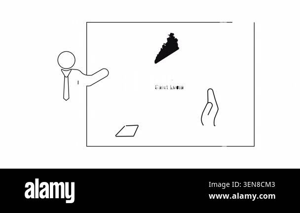 A simple line drawing shows a man in a suit pointing to a map of Saint ...