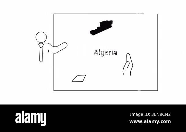 A simple line drawing shows a man pointing to a map of Algeria ...