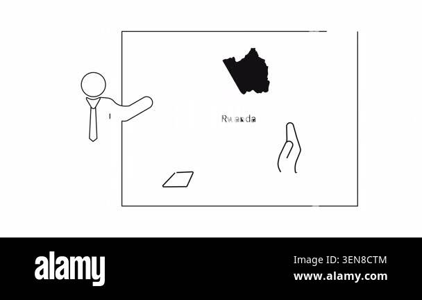 A simple line drawing shows a person presenting a map of Rwanda on a ...