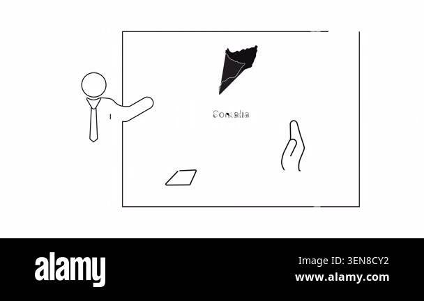 A simple line drawing shows a person presenting a map of Somalia and ...