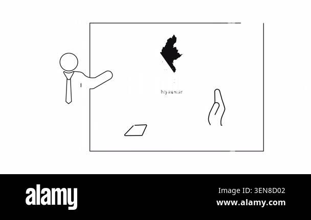 A simple line drawing shows a person presenting a map of Myanmar and ...