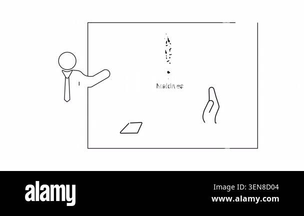 A simple line drawing shows a person presenting a map of the Maldives ...