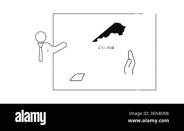 A simple line drawing shows a businessman icon presenting a map of ...