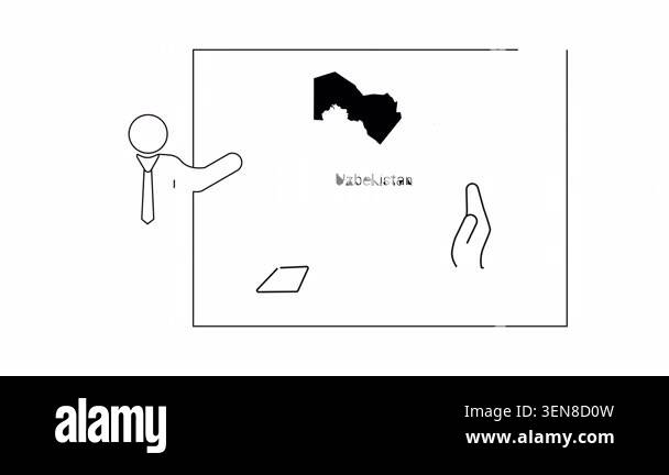 A simple line drawing shows a speaker presenting a map of Uzbekistan on ...