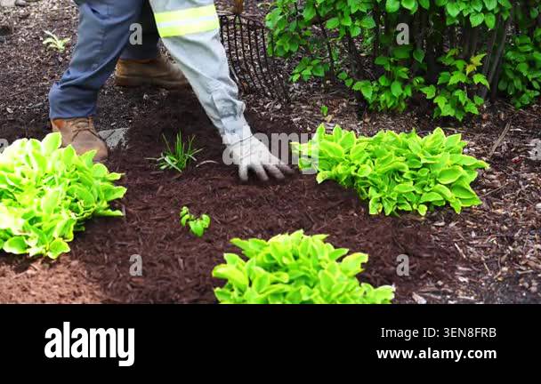Close-up footage of gardener spreading fresh mulch around bushes in ...