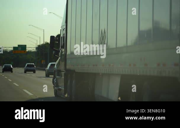 Semi-truck in motion. Detailed view of heavy-duty truck transport on ...