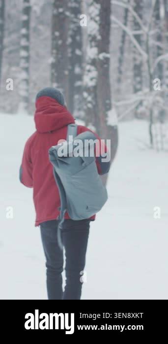 man walking through snowy pine forest with rolltop backpack, viewed ...