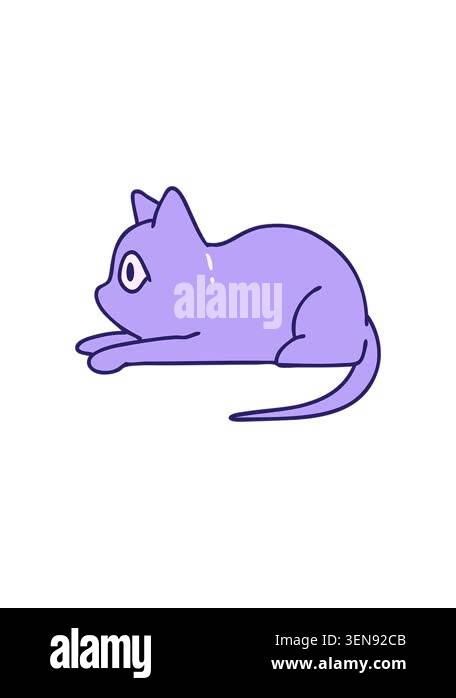 animated purple cat lying down, with a simple line drawing style and ...