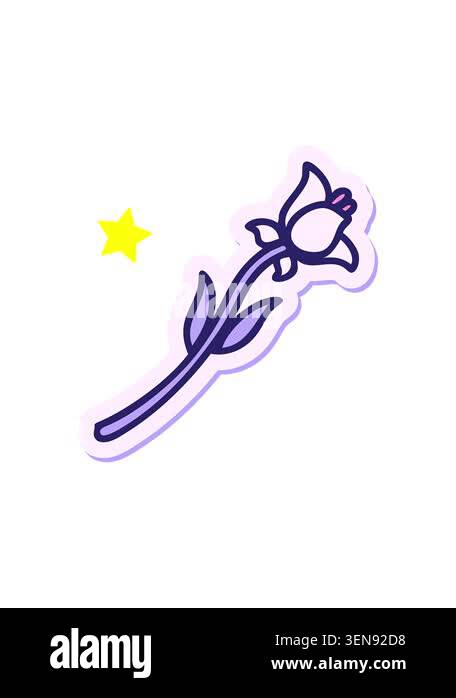 animated sticker of a stylized purple rose with a yellow star appearing ...