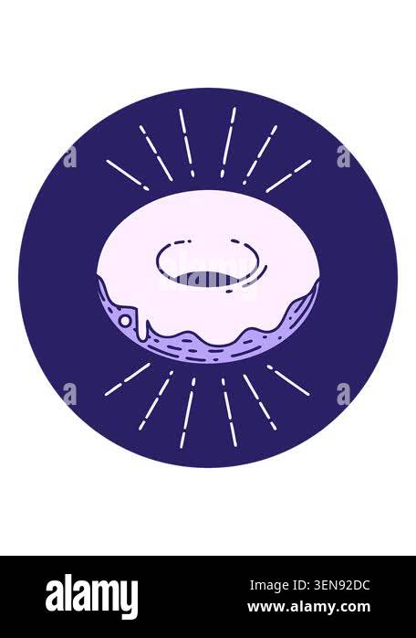 animated graphic of a pink frosted donut with purple outlines and rays ...