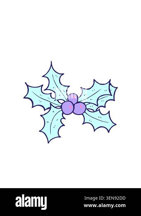 animated cartoon of a sprig of holly with three purple berries and ...