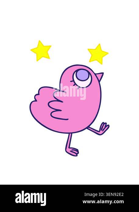 animated pink bird with yellow stars above its head, walking in a loop ...