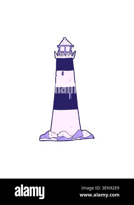 animated cartoon lighthouse with black and white stripes, standing on ...