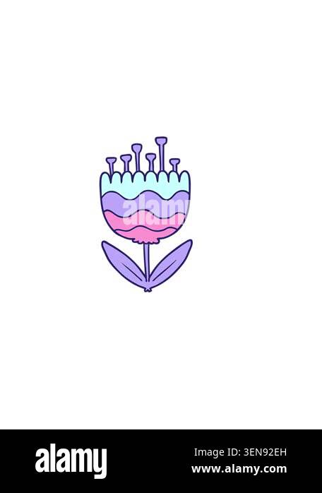 simple animated cartoon flower with purple stem and leaves, and a ...