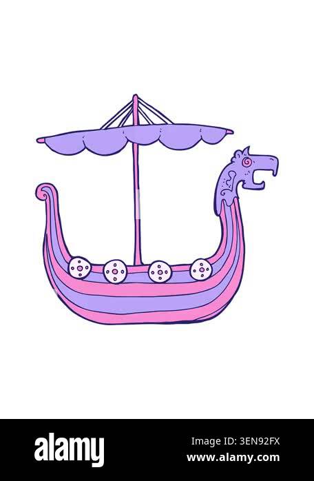 Vertical video showing animated Viking ship with a dragon head and a ...