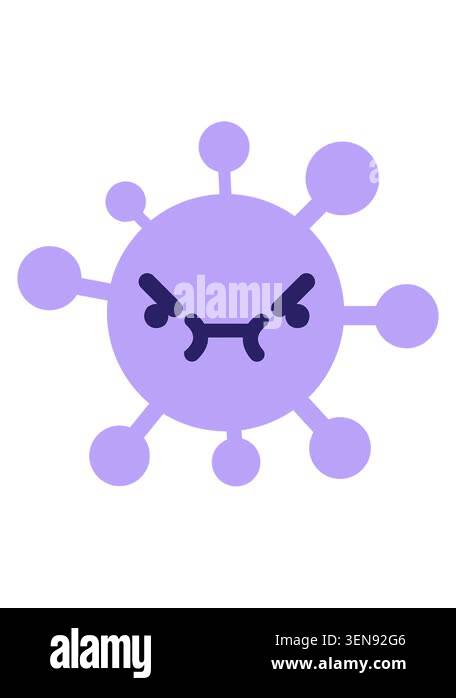 Vertical video showing animated cartoon of a purple virus character ...