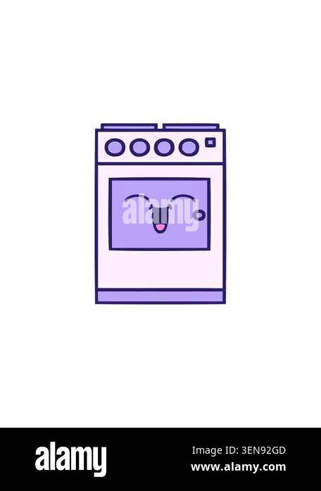 Vertical video showing animated cartoon stove with a happy face ...