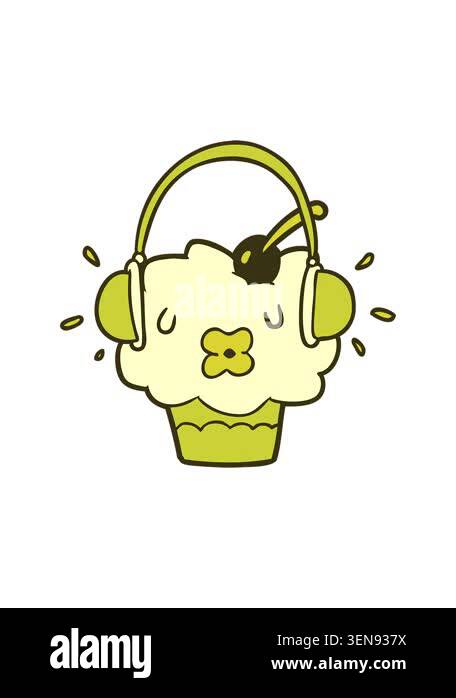 changing color animation of funny cartoon cupcake listening to music ...