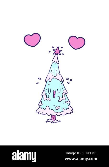 spinning hearts animation of snowy christmas tree with happy face Stock ...