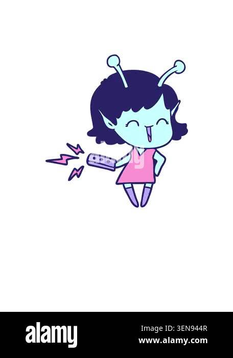rise and float animation of cartoon alien girl laughing with remote ...