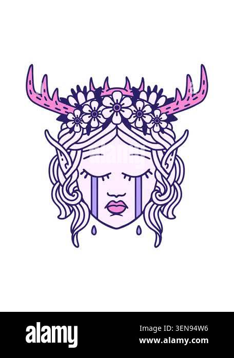 jiggle and pause animation of Retro Tattoo Style crying elf druid ...