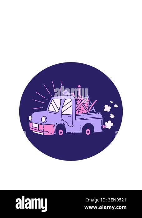 stretching up animation of icon of a tattoo style truck carrying junk ...