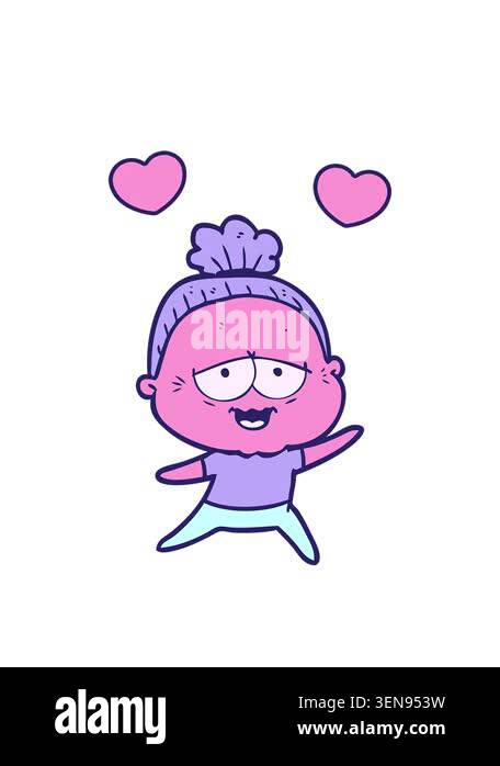 spinning hearts animation of a cartoon happy old lady Stock Video ...