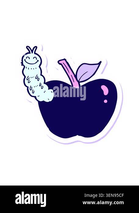 neon light effect animation of sticker of a cartoon apple with bug ...
