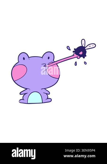 jiggle and pause animation of cute cartoon frog catching fly with ...