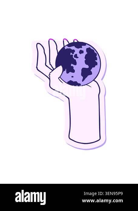 power up animation of sticker of a cartoon hand holding whole earth ...