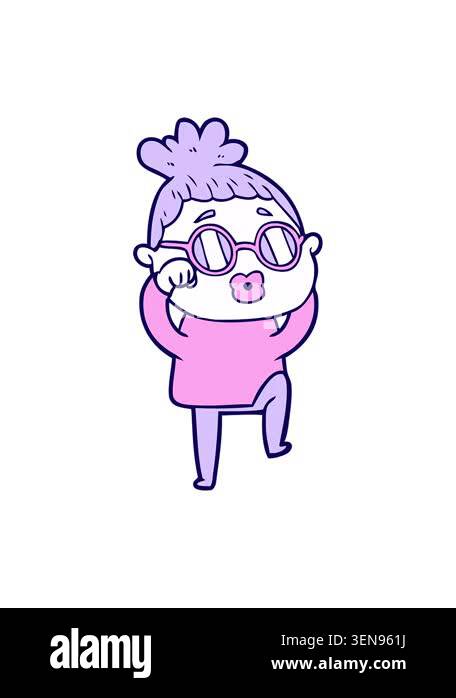 neon light effect animation of cartoon tired woman wearing spectacles ...