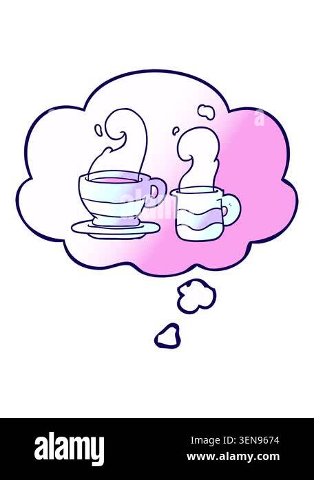 neon light effect animation of cartoon cup of coffee with thought ...