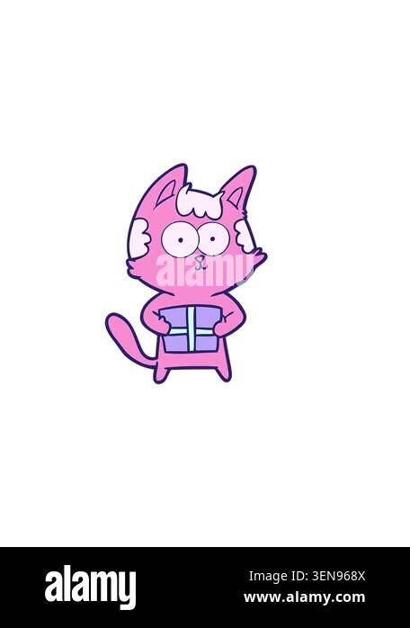 horizontally vibrating animation of happy cartoon cat with present ...