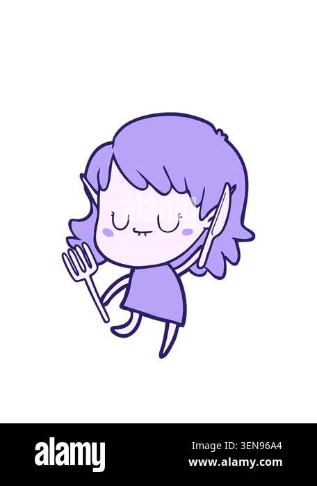 stretching up animation of happy cartoon elf girl with knife and fork ...