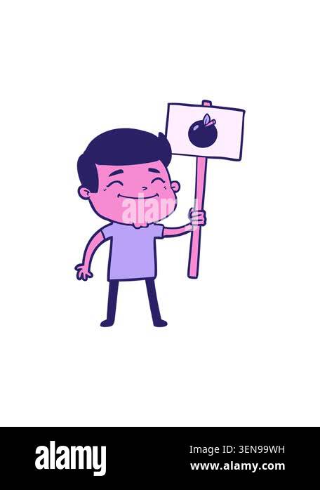 attention grabbing animation of happy cartoon man with apple placard ...