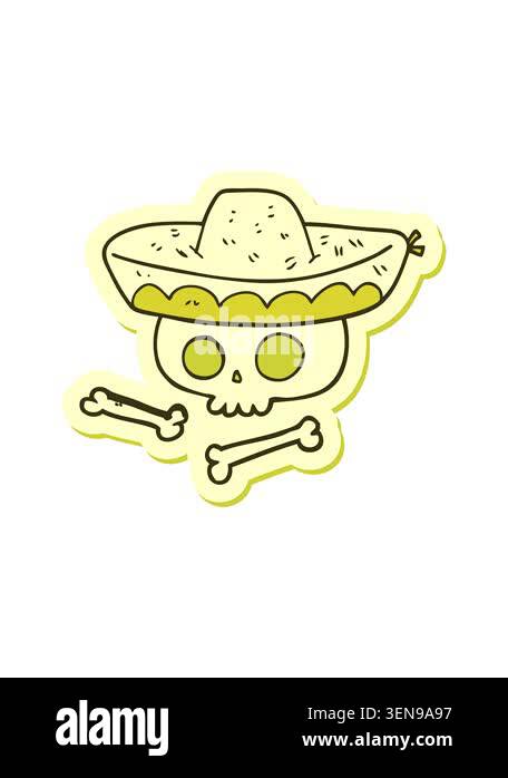 changing color animation of sticker of a cartoon skull in mexican hat ...