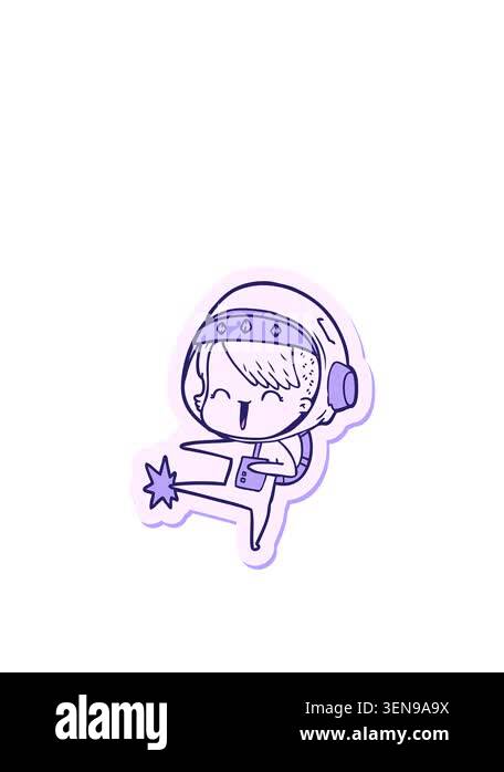 stretching up animation of sticker of a happy cartoon space girl ...